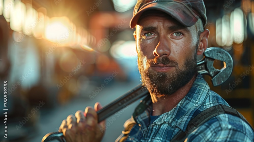 Mechanic holding a wrench over shoulder, lens flare from the side ...