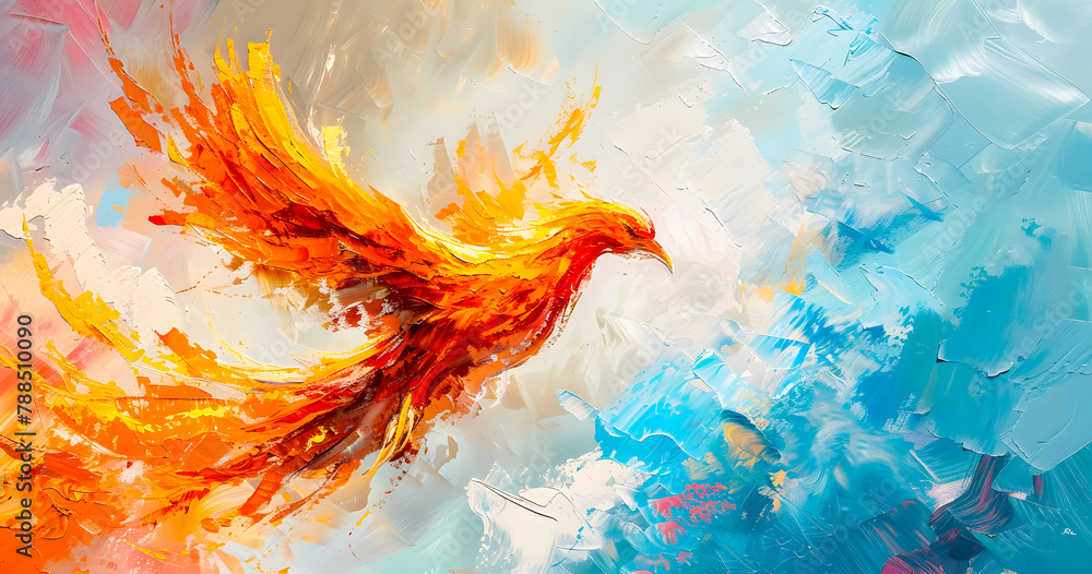 abstract painting of a burning phoenix bird flying in a blue sky full ...