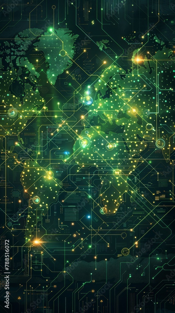 Craft a vector illustration of a world map composed of interconnected ...
