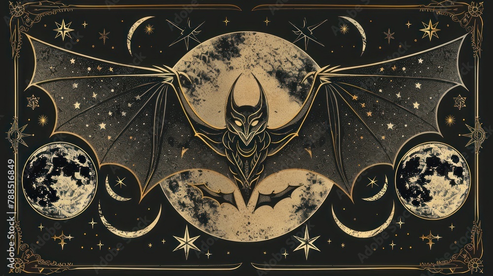 Bat occult print with seven pointed star and moon shapes on background ...