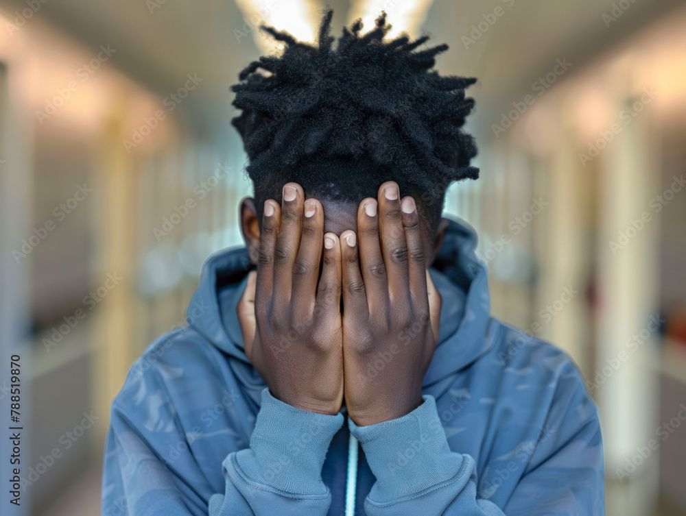 Upset African-American teenage boy standing alone in state of ...