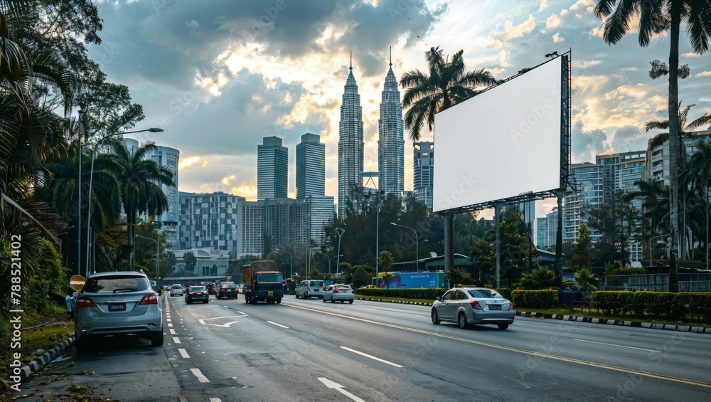 Vertical billboard mock up on a crowded avenue in Kuala Lumpur, framed ...