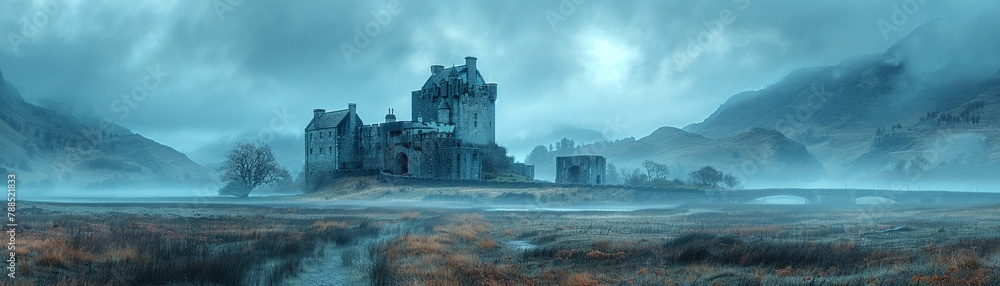 Vampire castle, mist enshrouded, castle of night scene, looming ...