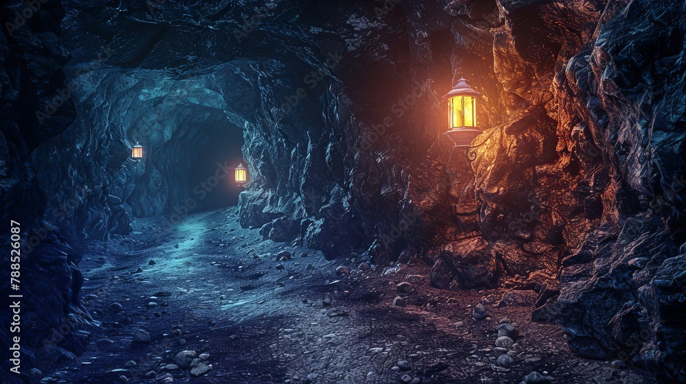 Fantasy stone dungeon cave with glowing lanterns on walls, lamp ...