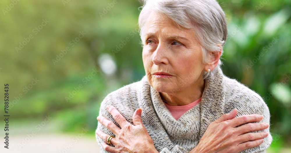 Depression, face and senior woman in outdoor park for mourning, anxiety ...