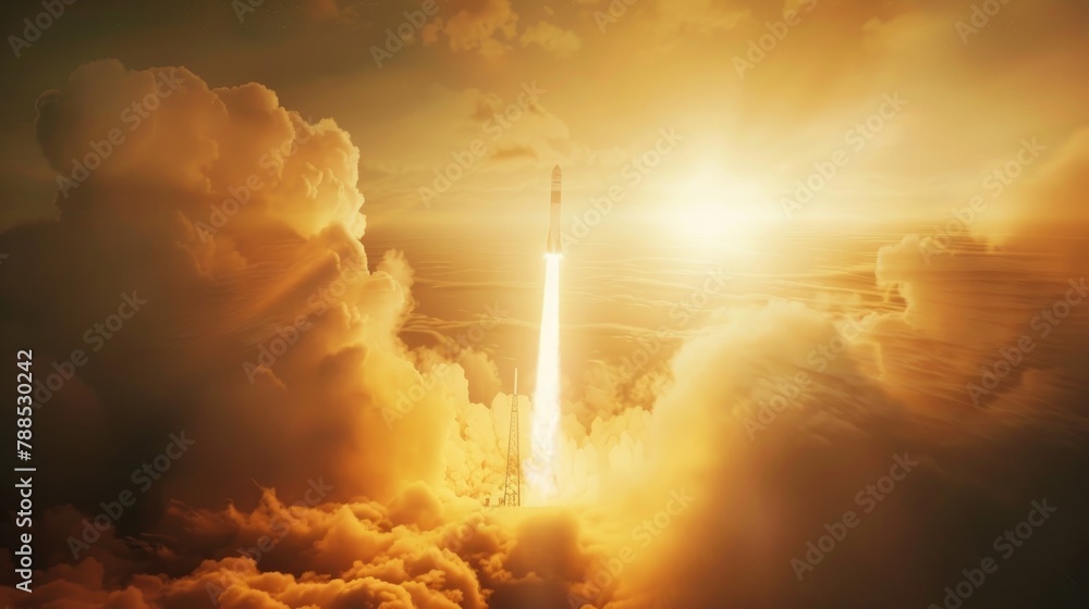 An aerial snapshot of a spacecraft ascending through a misty morning ...