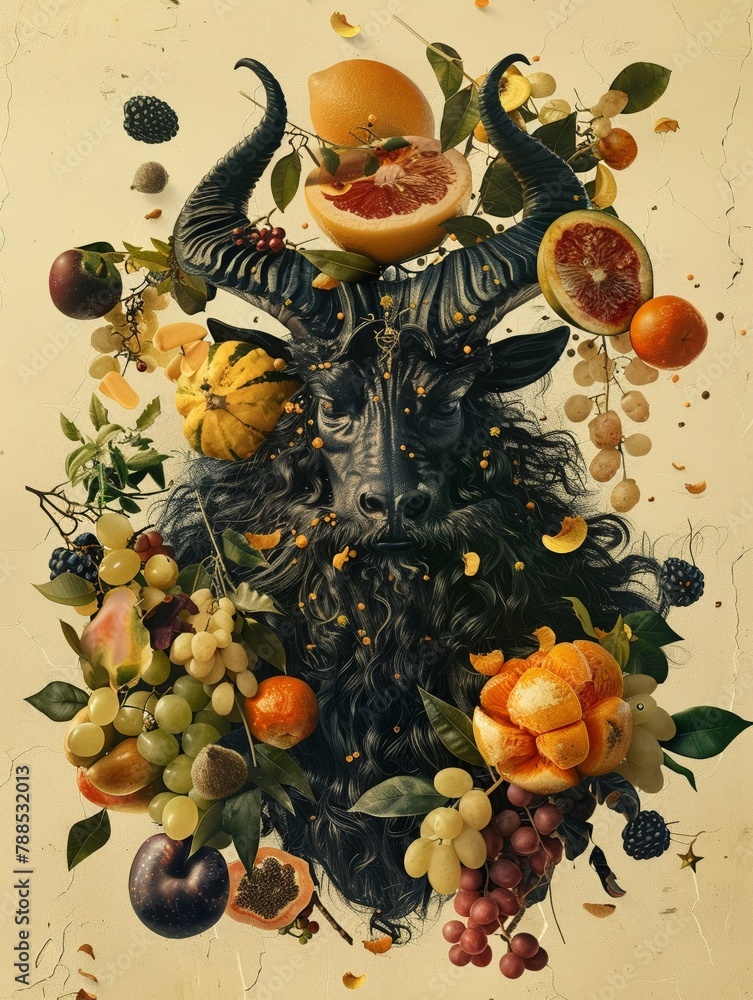 Dark God depicted in a character sticker style, amidst fruits floating ...