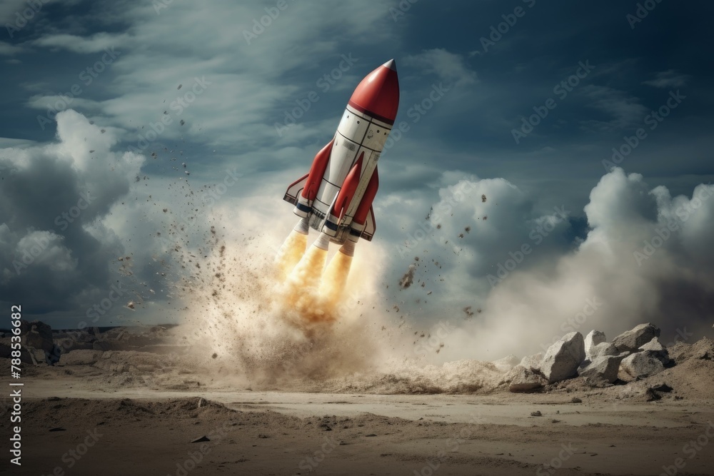 Exhilarating Rocket taking off moon with fire jet. Space science planet ...