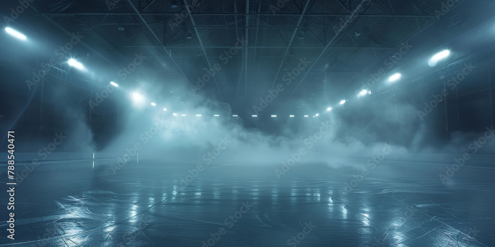ice rink with fog, smoke and a dark sky background, empty stadium ...