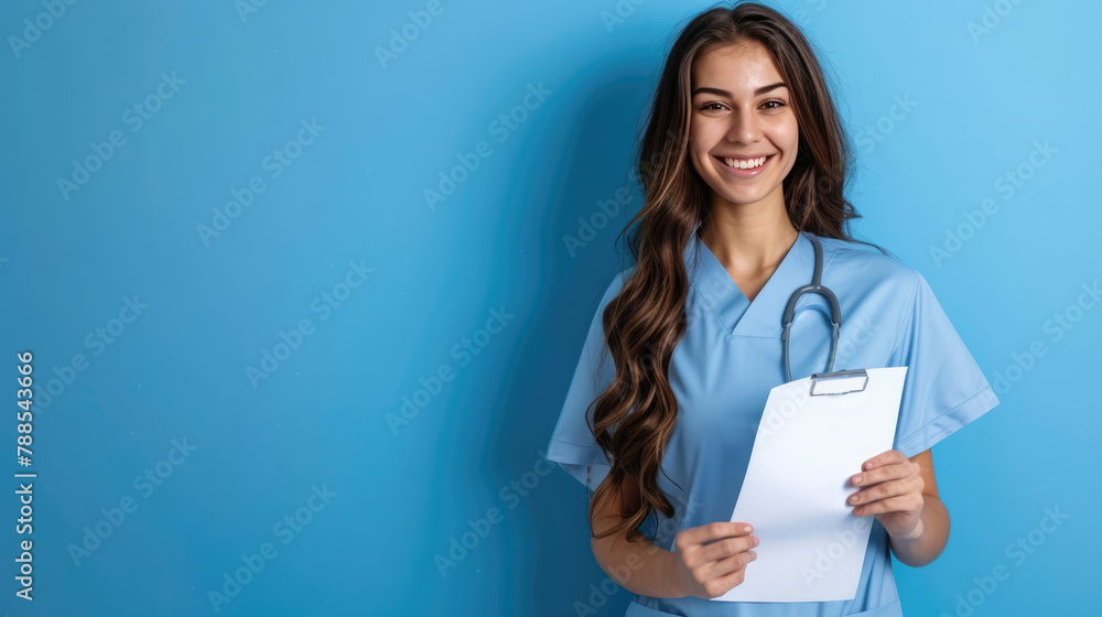 Beautiful Long Haired Nurse Wearing A Stethoscope Around Her Neck While 9815