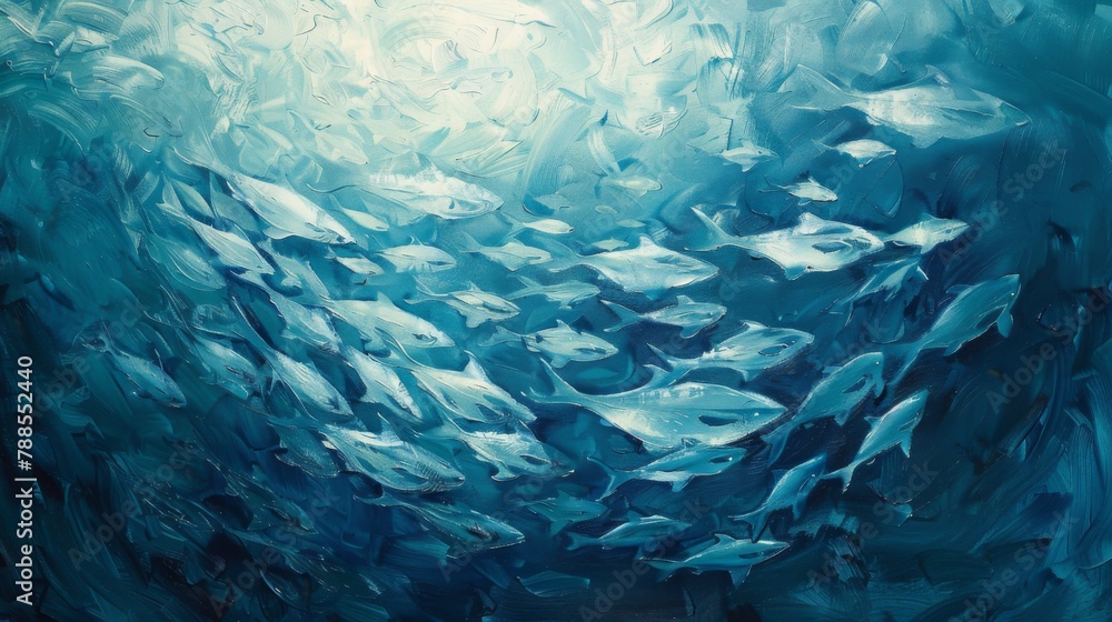 A school of shimmering silver fish swimming in perfect unison, creating ...