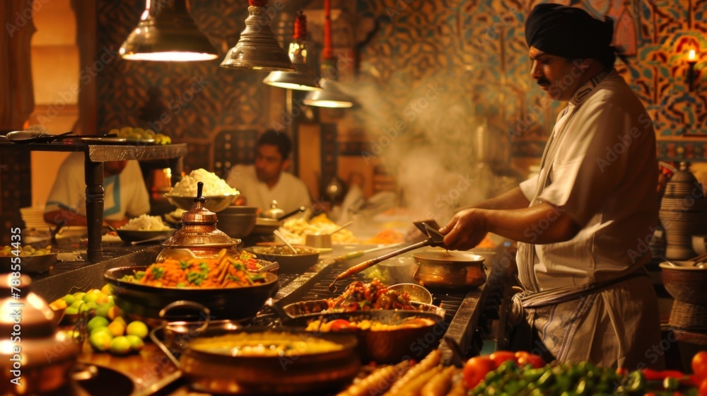 A traditional Indian kitchen bustling with activity as chefs prepare a ...