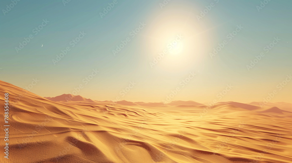 Blazing sun over a desert landscape, Wide view of sand dunes under a ...