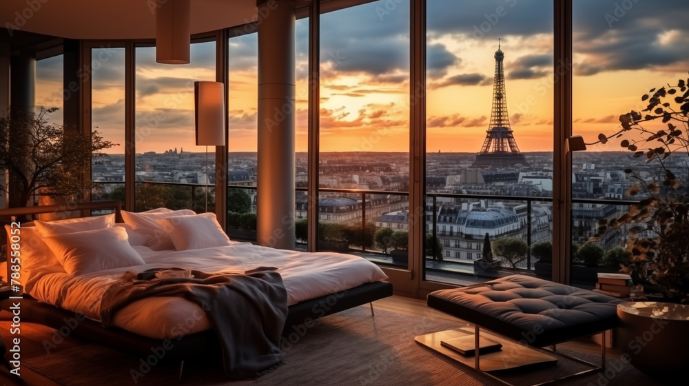 luxury hotel room in Paris, stunning views of the Eiffel tower Stock ...