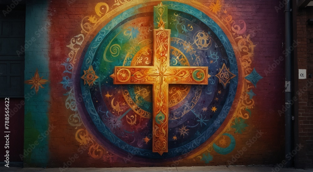 A vibrant mural art on wall depicting the peaceful coexistence of ...