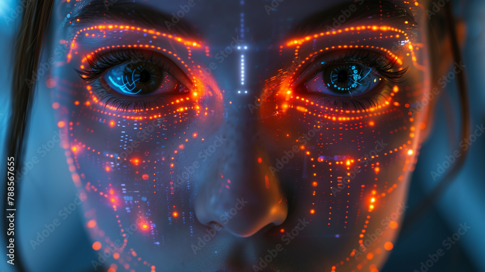 AI-powered facial recognition, deep fakes analyzing facial features in a sea of digital faces ...