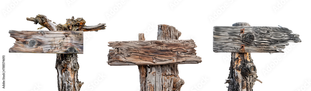 Set of direction indicators made of old wood isolated on white or ...