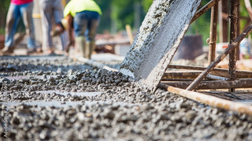 Workers pouring wet concrete at a construction site for a new ...