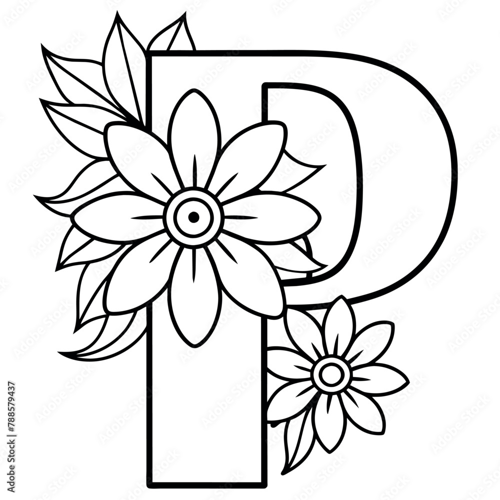 Alphabet P coloring page with the flower, P letter digital outline ...