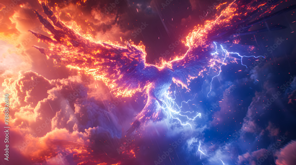 background of a burning phoenix bird flying in a sky full of clouds and ...