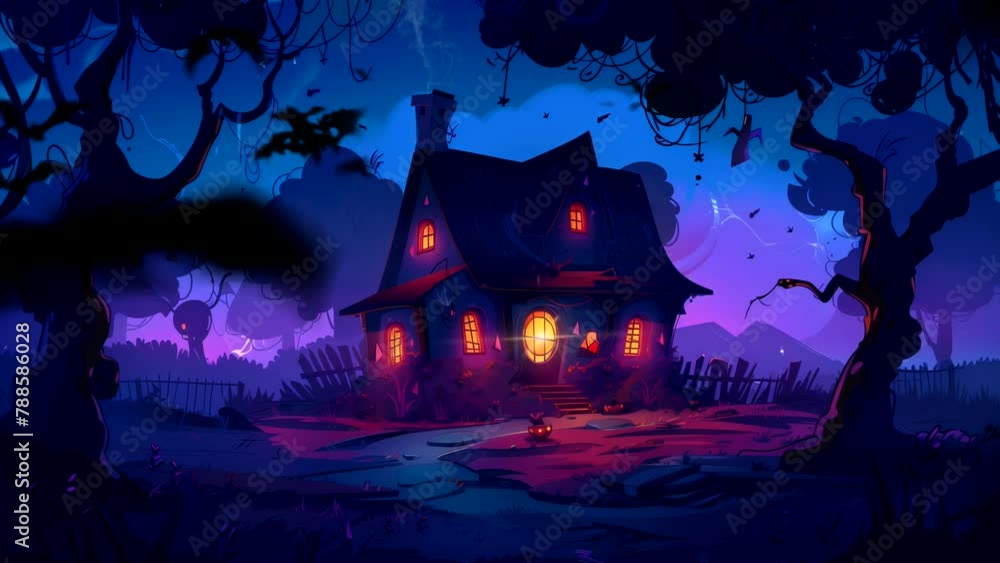 Horror house background animation in the dark forest. seamless looping ...