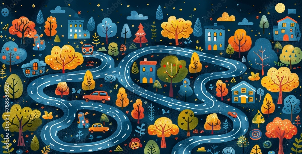 The modern seamless background is designed with cartoon roads and cars ...