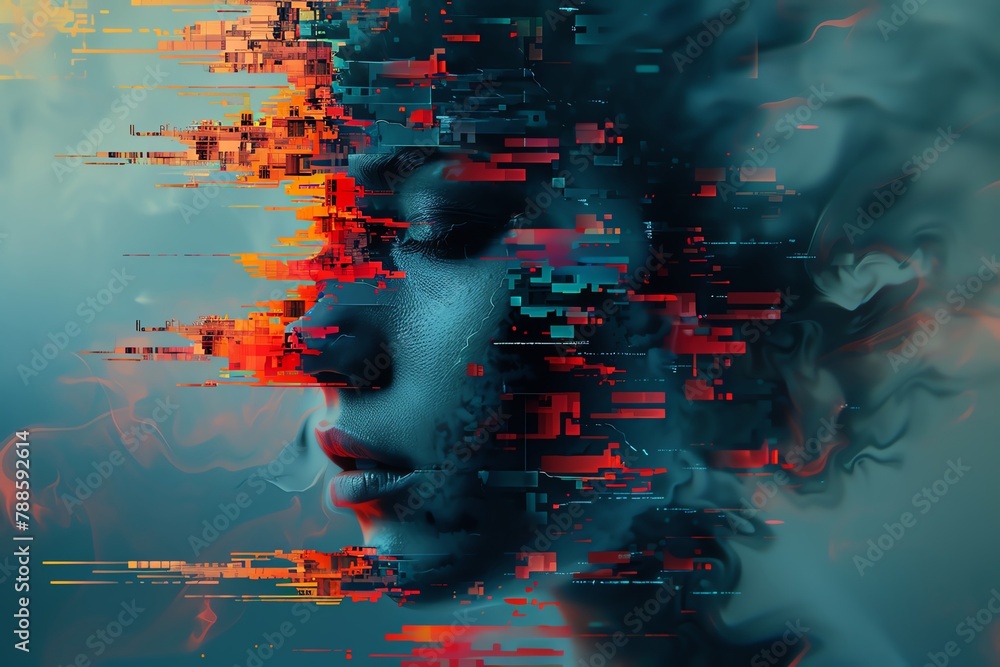 Capture the essence of inner turmoil using a low-angle shot of a fragmented psyche in glitch art ...