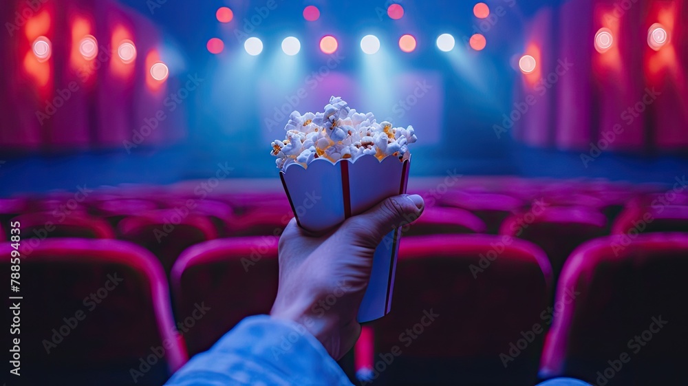 cinema with a hand holding popcorn in front of a movie screen, while ...