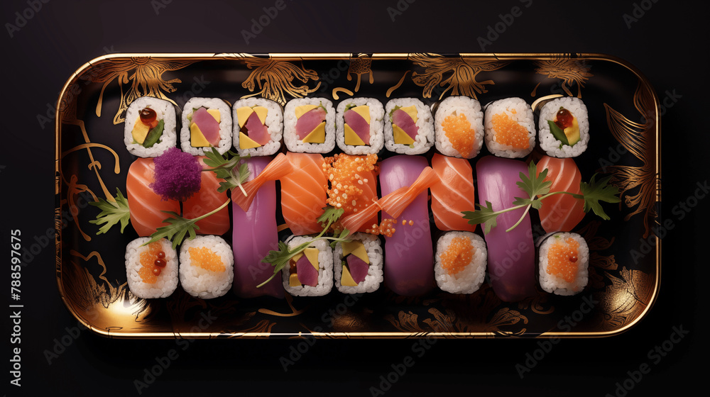 Plateau de sushi et maki. Nourriture asiatique, japonais. Sushi saumon ...