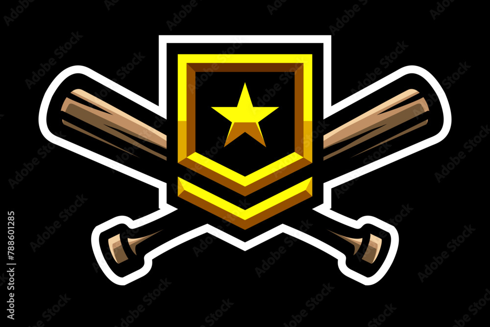 Baseball logo, crossed wooden bats and golden star, game achievement ...