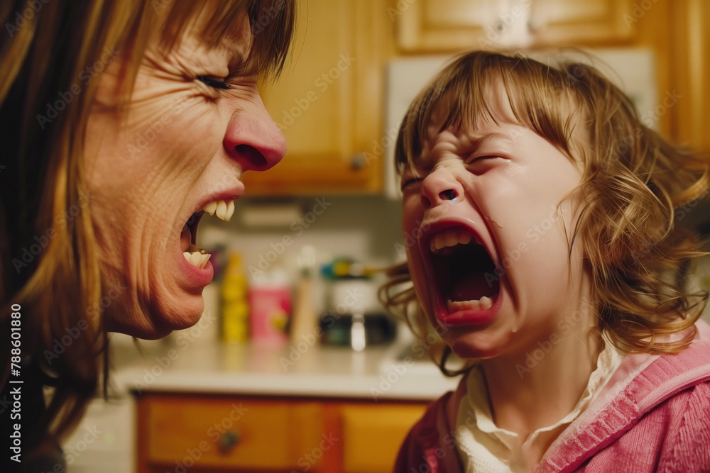 Portrait of angry little girl shouting at mother in the kitchen Stock ...