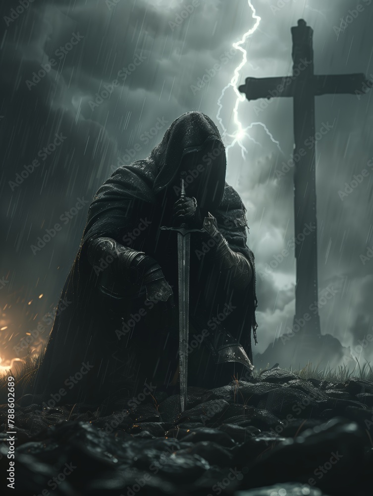Christian warrior kneels on the ground, holding a sword, cross ...