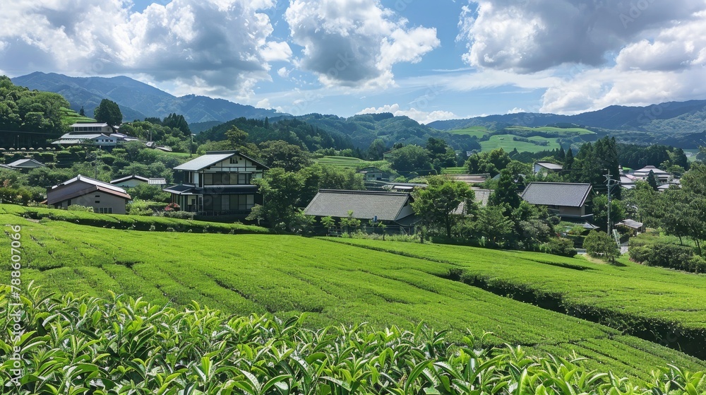 scenic tea plantation of Obuchi Sasaba in Fuji City, Shizuoka, with the ...