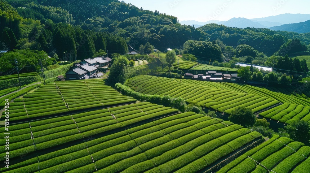 scenic tea plantation of Obuchi Sasaba in Fuji City, Shizuoka, with the ...