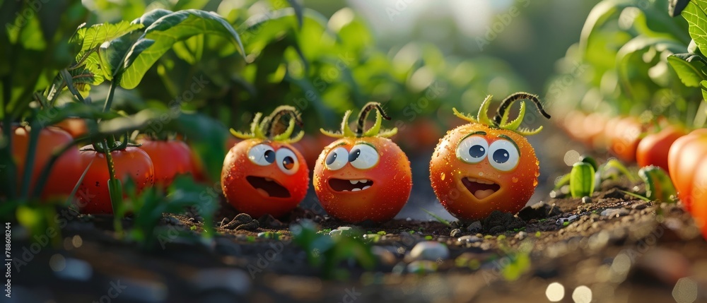 Design a charming 3D scene of a child-friendly vegetable patch ...