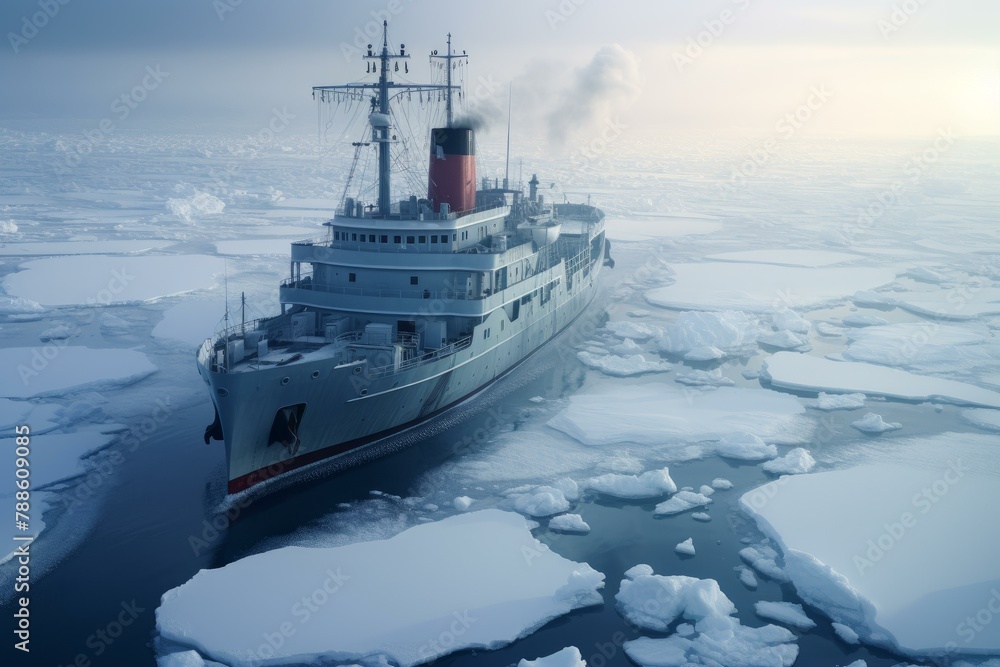 Awe-inspiring Ship cruising among sea ice. Arctic expedition icebreaker ...