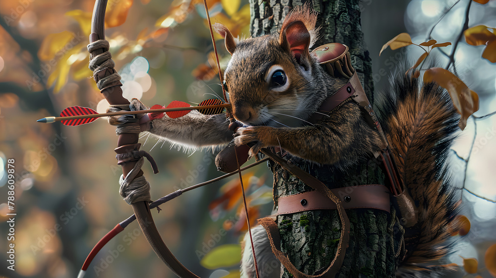 Squirrel in a tiny archer costume, climbing a tree for a better shot ...