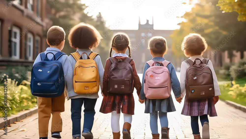Back View Group of young children walking together in friendship ...