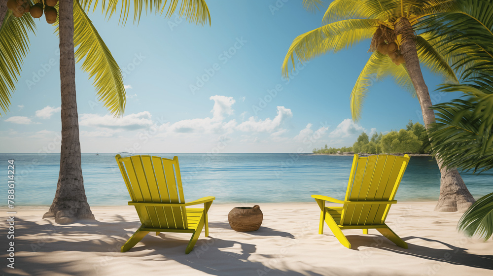 Deux transat verts sur une plage paradisiaque. Sable fin, eau bleu ...