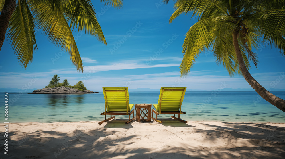 ภาพประกอบสต็อก Deux transat verts sur une plage paradisiaque. Sable fin ...