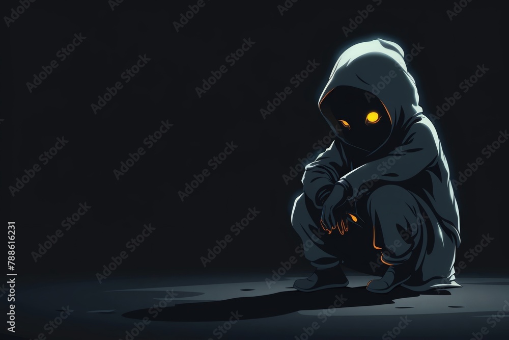 A cute cartoon watching in the dark, sitting on his knees in darkness ...