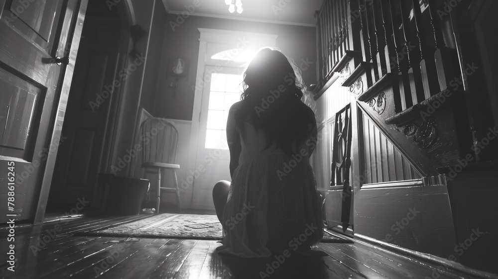 Crying woman sitting in her house victim of domestic violence . Stock ...