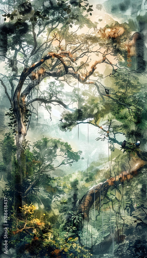 Illustrate a mystical forest canopy seen from a birds eye view, with ...