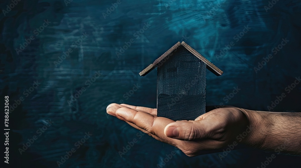 hand acting as a sheltering roof over a small house, symbolizing safety ...