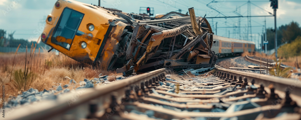 Train derailment on a railway track with twisted metal and overturned ...