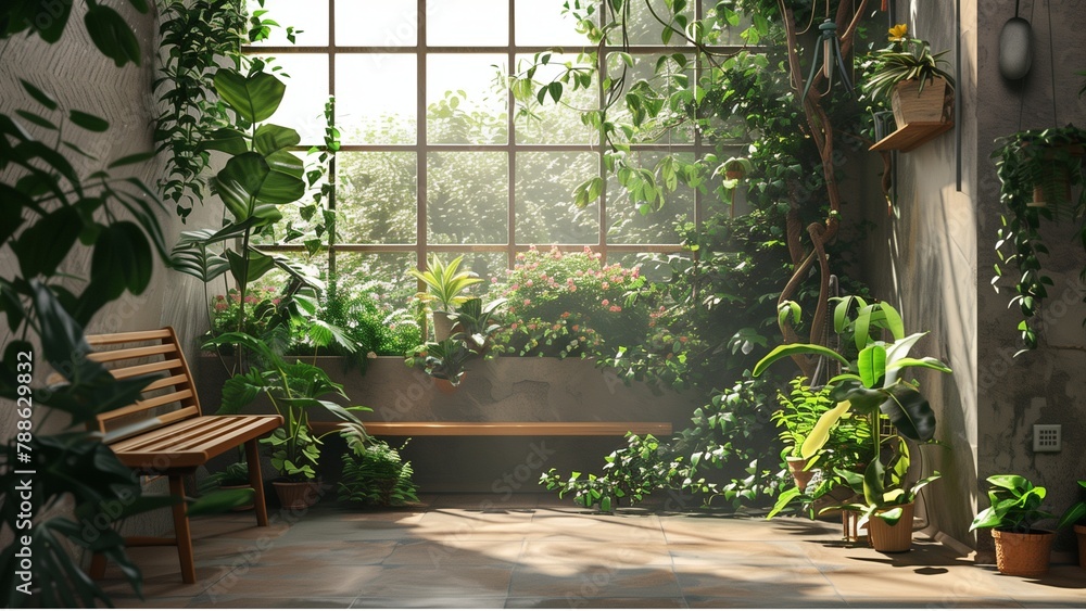 indoor garden, with a bench by the window of a building, surrounded by ...