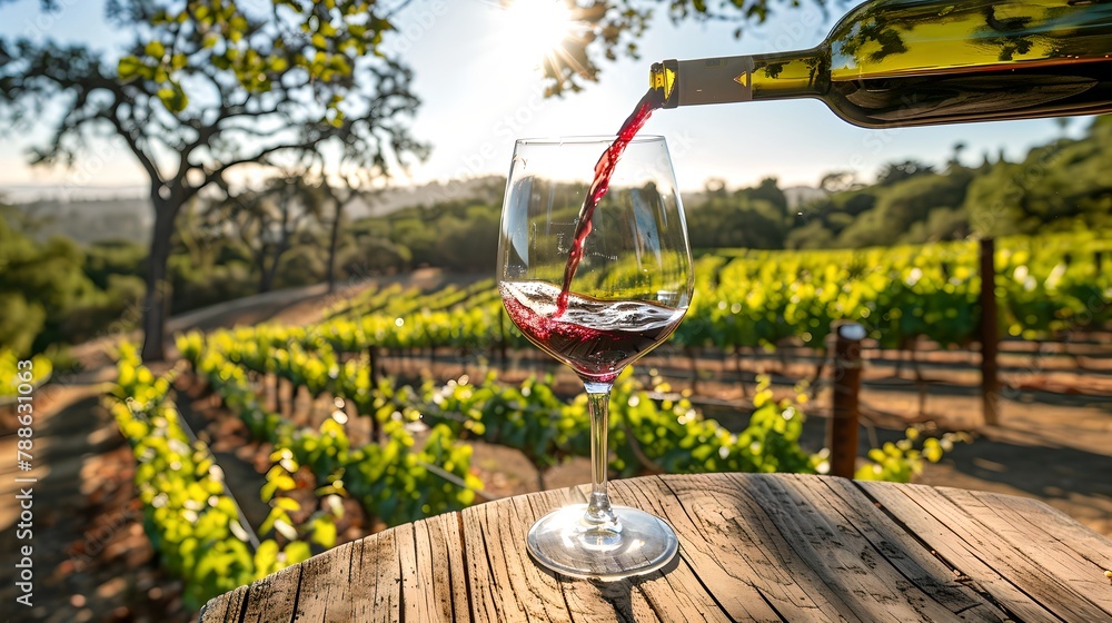 Pouring red wine into a glass against a lush vineyard backdrop. Perfect ...
