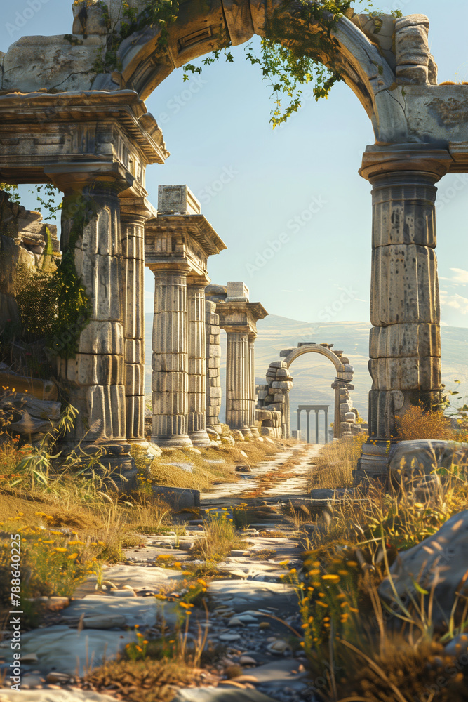 A captivating pathway flanked by ancient columns and archways, evoking ...