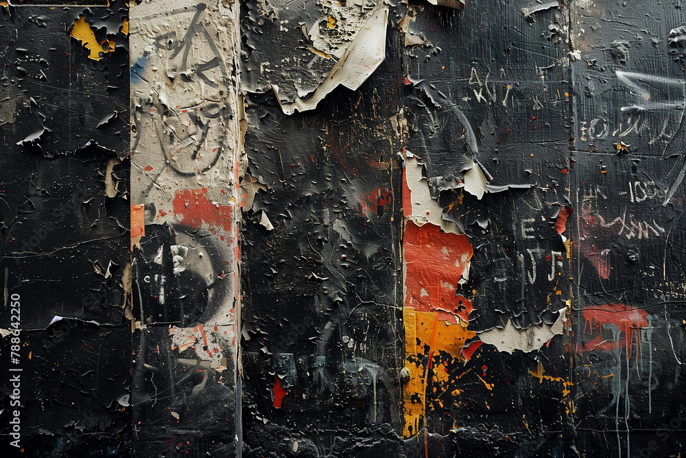 A closeup of urban street art featuring graffiti and torn posters on an ...
