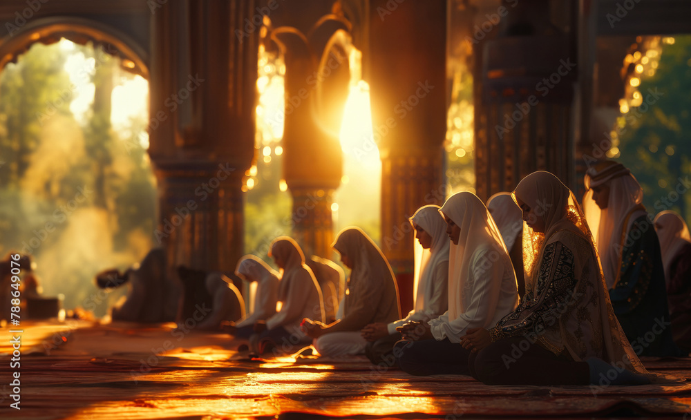 Muslim, praying and Islamic people in mosque for worship, spiritual ...